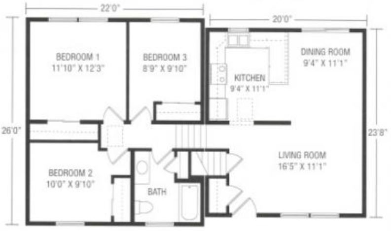 Meadow View | 1047 Square Foot Split Level Floor Plan